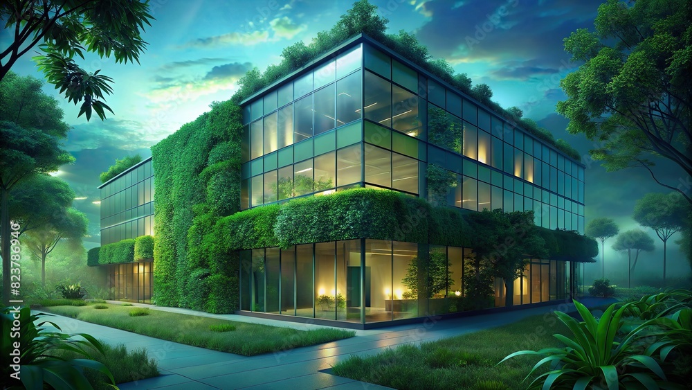 Green office building with eco-friendly design and lush vegetation ...