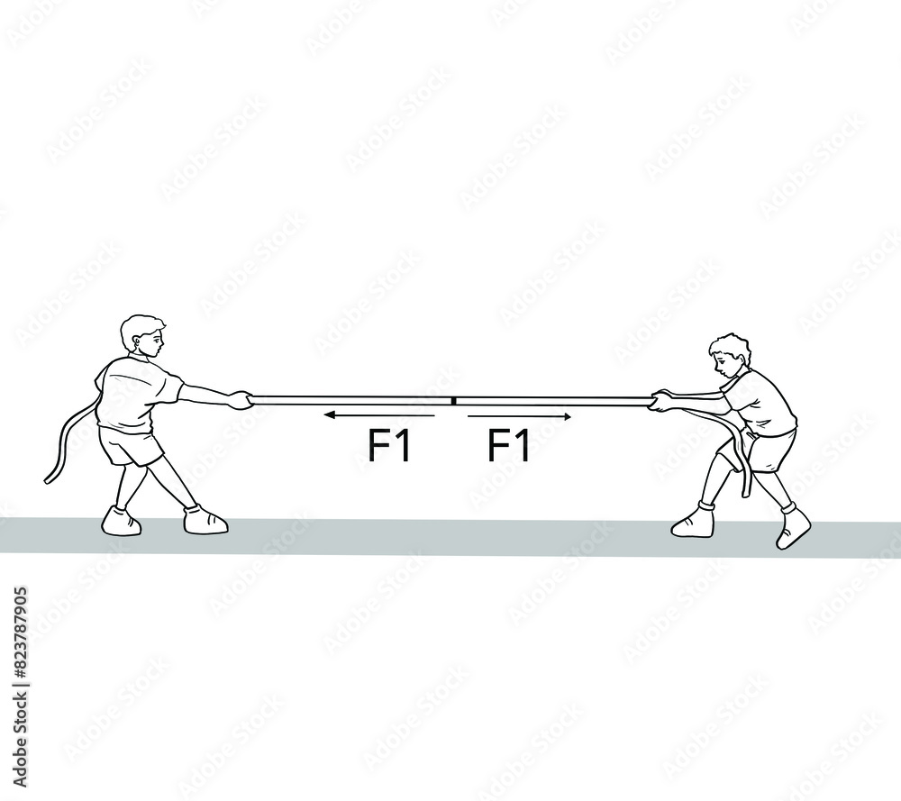 science lesson subject, illustration of two boys showing push and pull ...