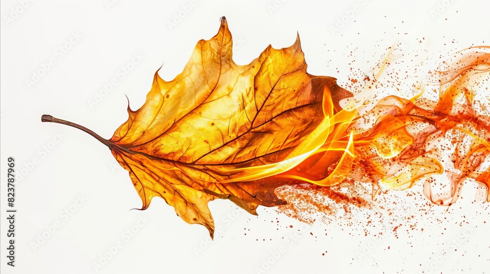 Burning oak leaves fall from the top of a tree against a transparent ...