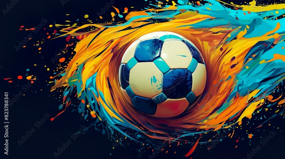 Abstract background with soccer ball flying in colourful splashing ...