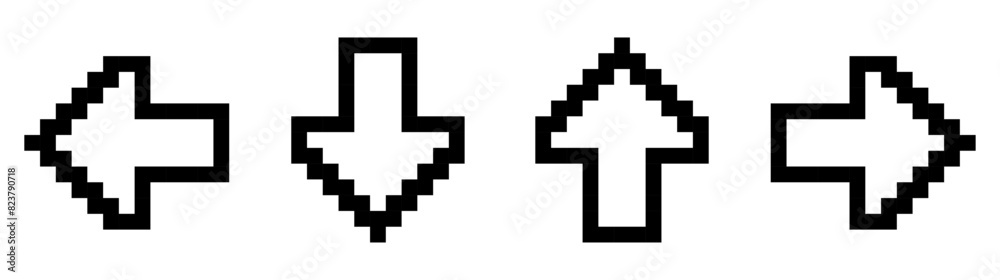 Pixel art set with four black and white arrows turned in different ...