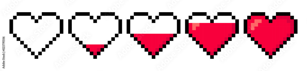 Pixel art set with game health hearts isolated on a white background ...