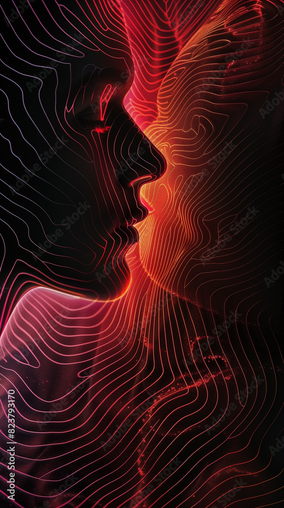 Mesmerizing digital artwork depicting two neon light faces nearing a kiss amidst a vibrant swirl ...