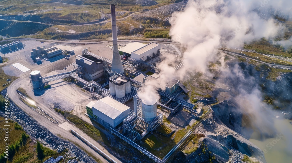 An aerial view of a geothermal power station demonstrating the ...