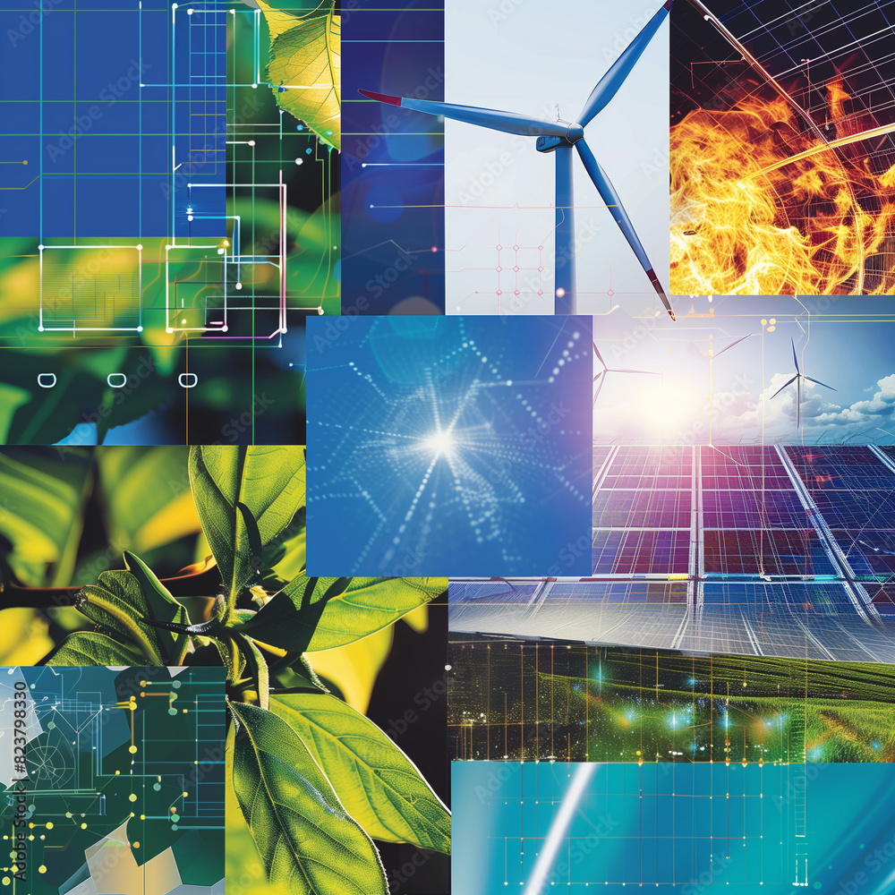 Vibrant collage combining elements of green technology, renewable energy sources, and nature to ...