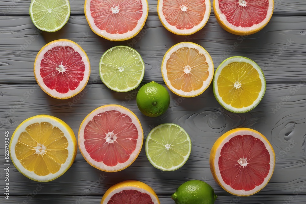 Fresh juicy lemon, orange, lime, grapefruit slices on old grey wood ...