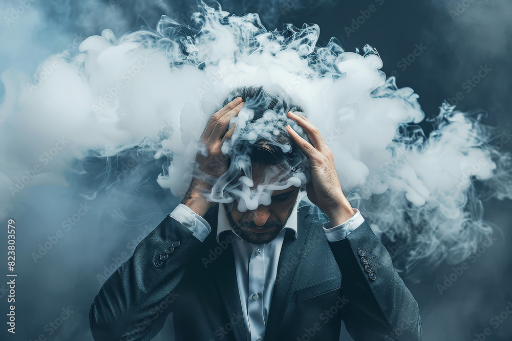 Business man worker hands on head and cloud of smoke. Stress desperate ...