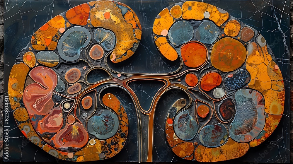 Pathology illustration of renal pathology showing effects of chronic ...