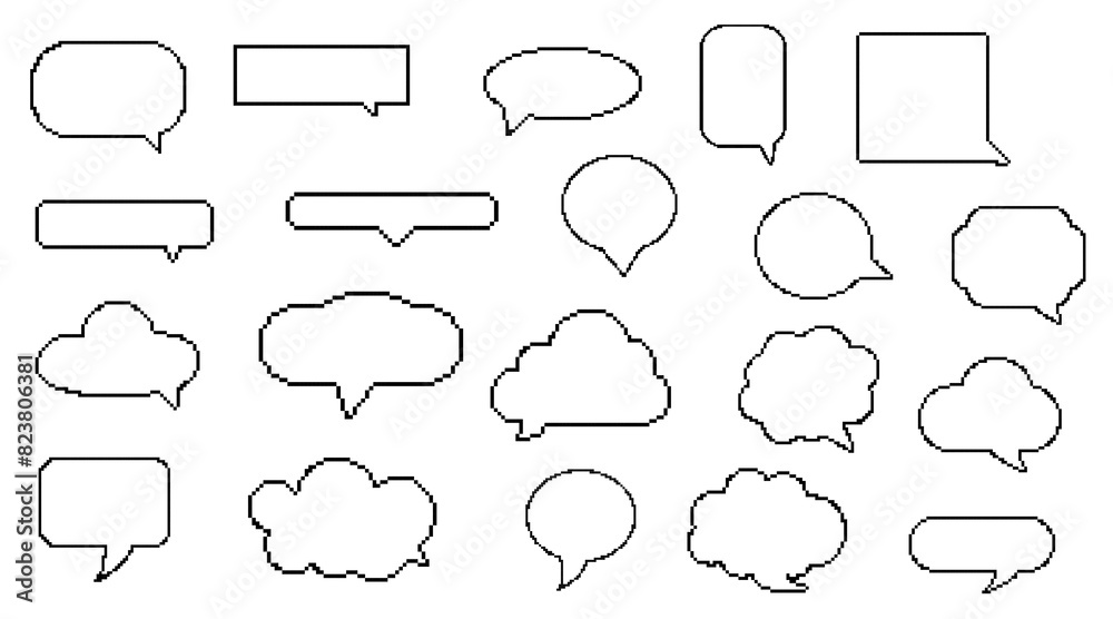 Set of pixel art line speech bubbles. Dialogue box in 8 bit style ...