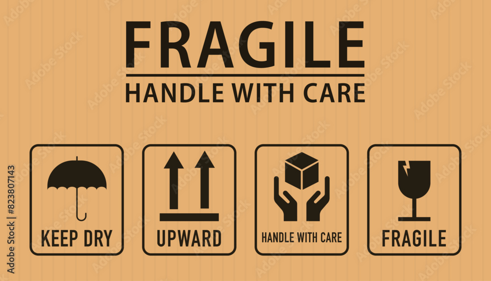 Fragile icons. Packaging symbols, fragile and packing care label ...