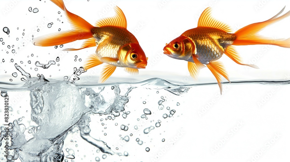 Two Goldfish Jumping Out of the Water with Splash in Background Stock ...