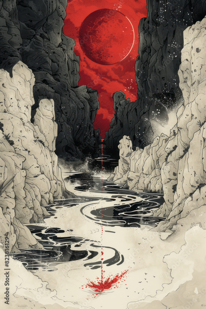 Illustration of a river splitting into two paths, with one path flowing ...