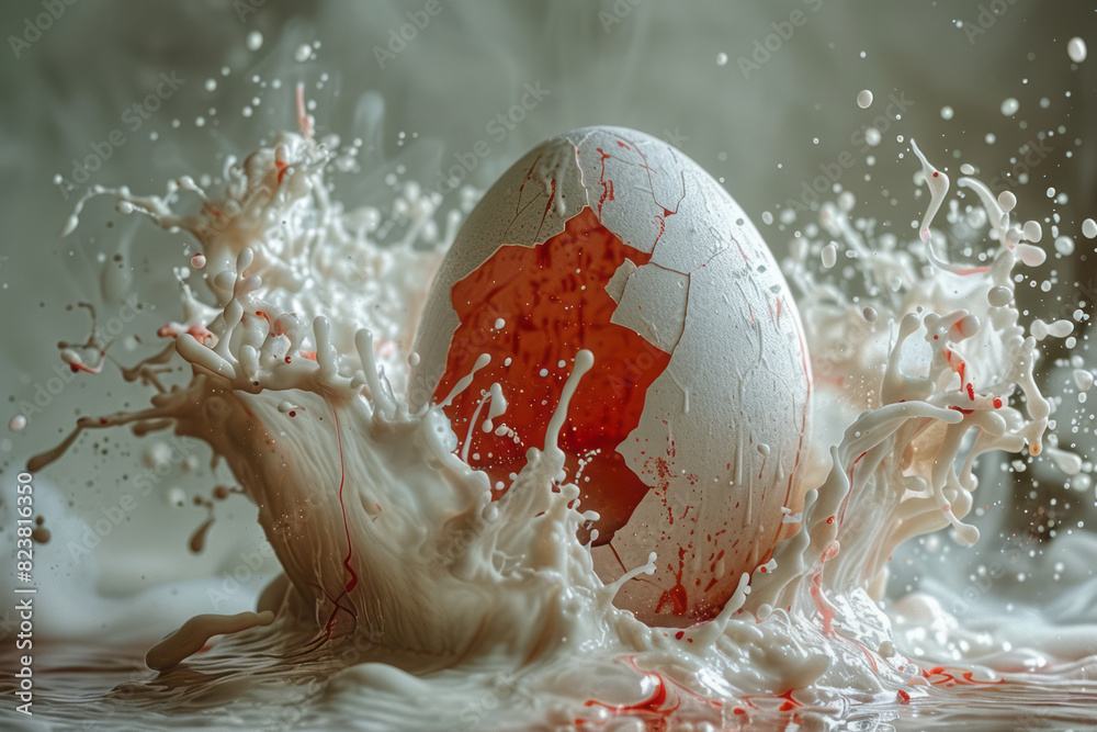 Artistic rendering of a phoenix egg cracking open, with blood flowing ...