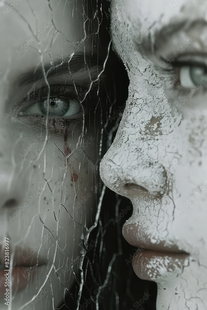 Artistic rendering of two faces, one with eyes bleeding and the other ...