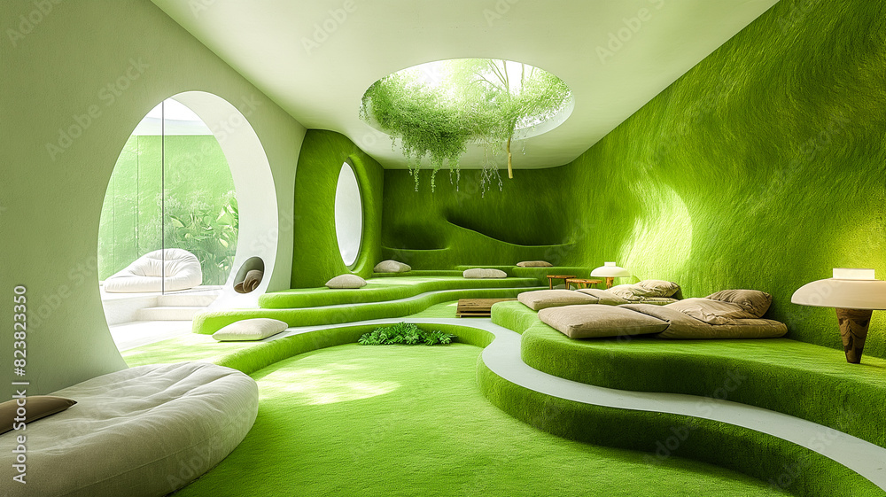 3d rendering landscape a stage of neon lime green, color #C8F902 ...