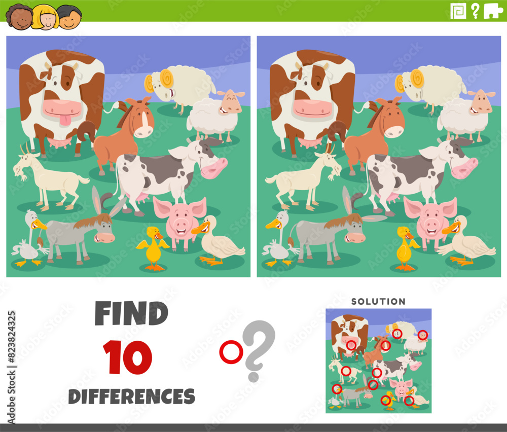 Vetor de differences activity with cartoon farm animals group do Stock ...