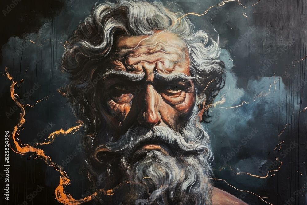 Artistic representation of zeus with thunderbolt accents, expressing ...