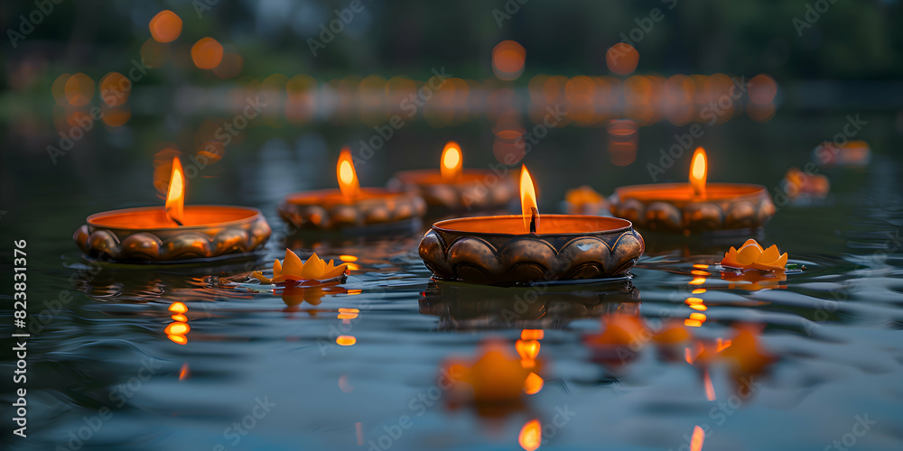Oil lamps floating on water, creating a peaceful atmosphere for Eid-al ...