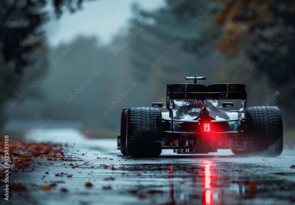 A Formula 1 car is partially visible from the back in a photo, with the ...