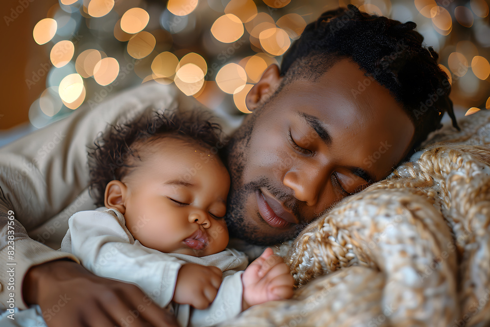 Black man father sleeping with daughter or son child. Caring father ...