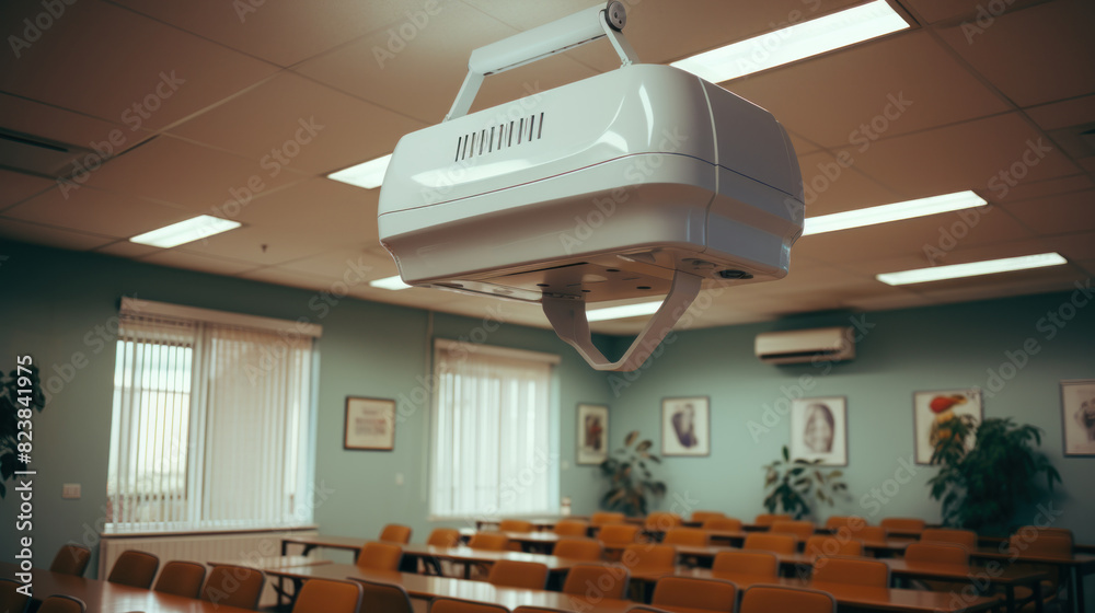 An overhead projector in a well-lit and empty modern classroom ...