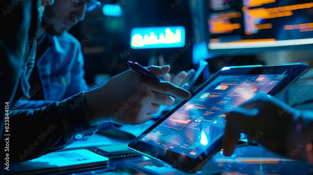 of two tech startup founders discussing app developments on a tablet ...