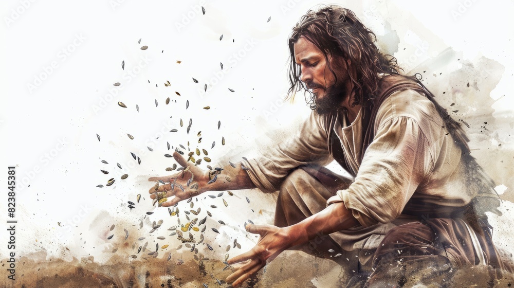 The parable of the sower, with Jesus scattering seeds. , watercolor ...