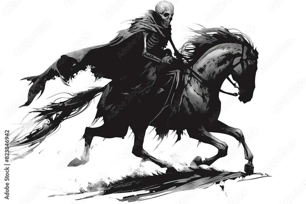 Skeleton Horse Rider, Medieval Gothic Sketch, Minimalist Black & White ...