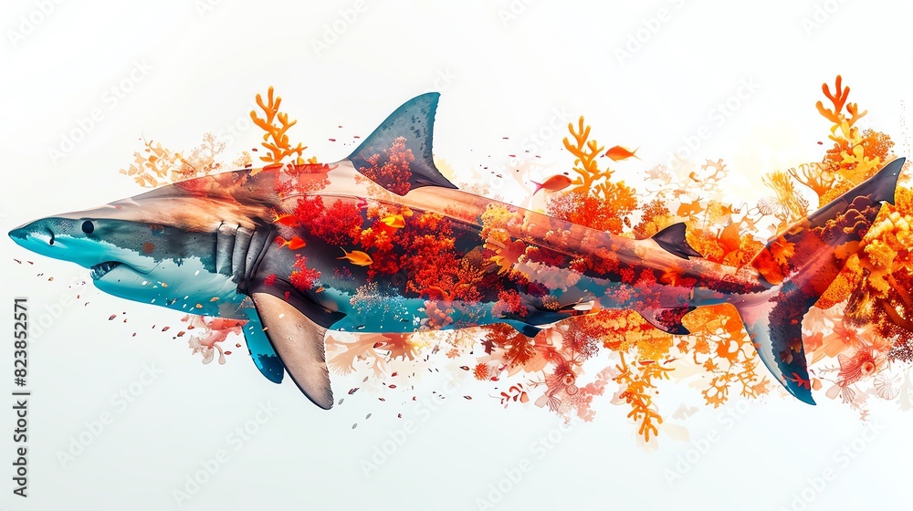 An illustration of a shark. The shark is blue and white, with a coral ...