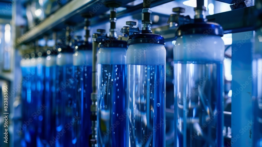 Rows of vials filled with blue liquid are lined up on a shelf in a ...