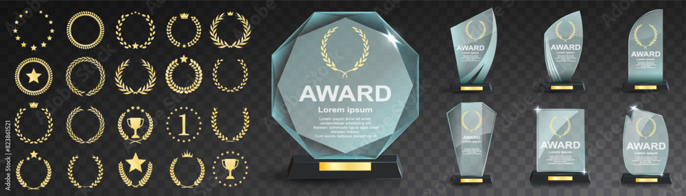 Glass award trophy set. Transparent prize template. Winner first place ...