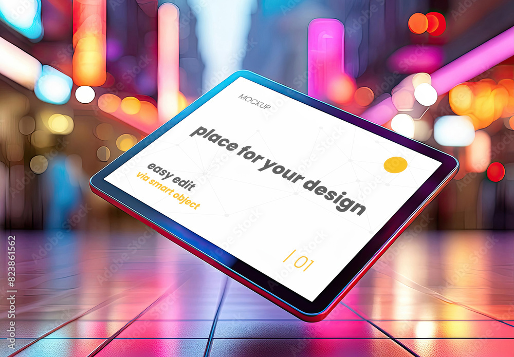 Floating Tablet Screen mockup with colorful lights city background 01 ...