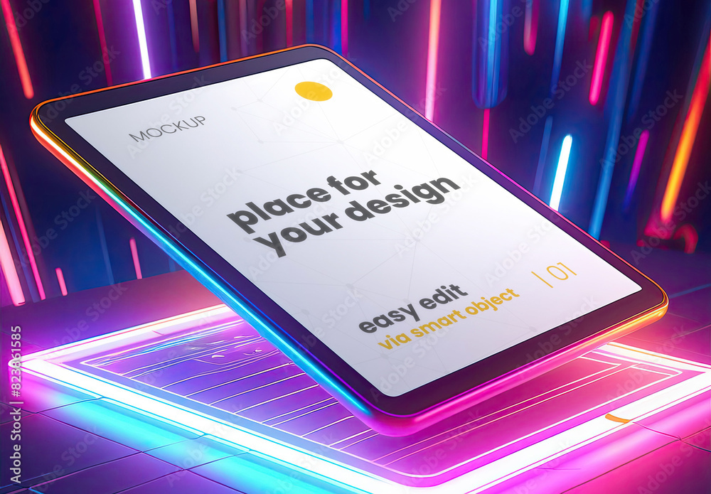 Floating Tablet Screen mockup with colorful lights tech background 01 ...
