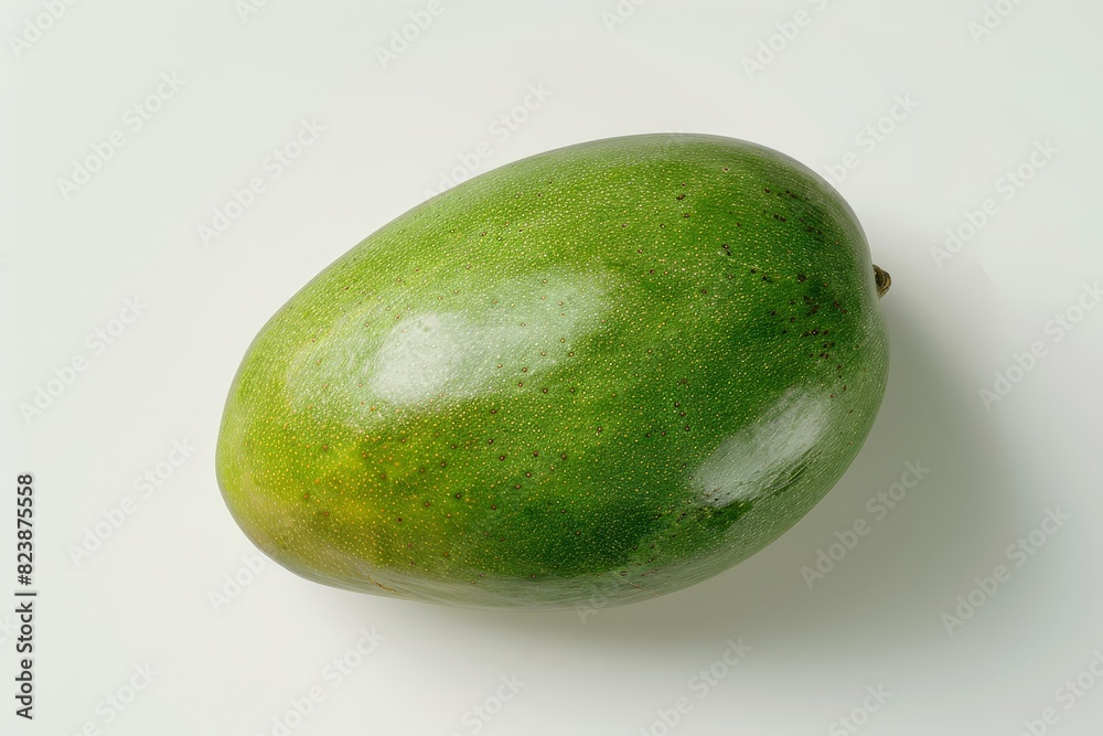 Top-down perspective of an unripe mango, rich green skin textured ...