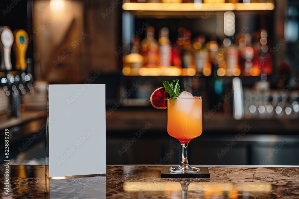 Mockup of a cocktail menu in a bar, on a bar counter with an exotic ...