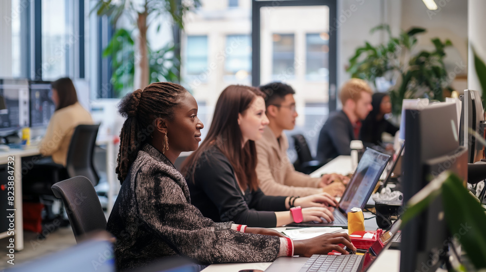 Employees in a high-tech office working using analytics based on ...