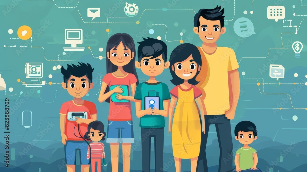 Illustrated family of seven engaging with various digital devices in a ...