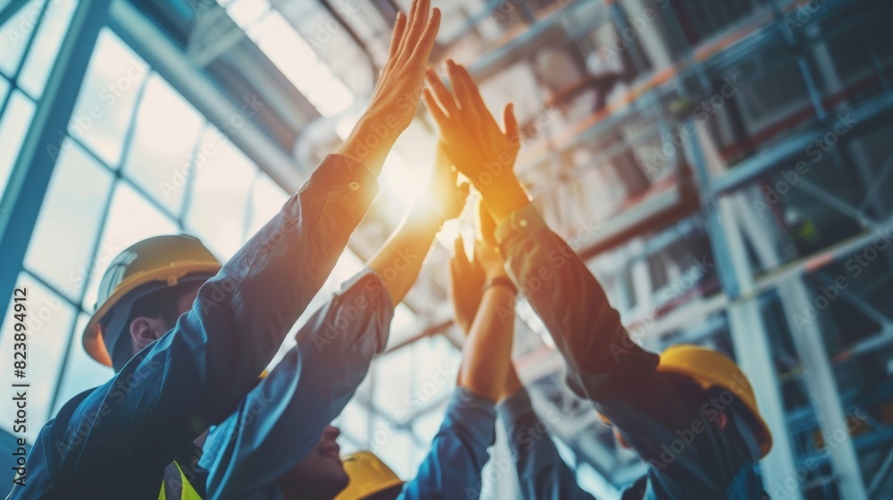 A team of workers highfiving each other after successfully completing ...