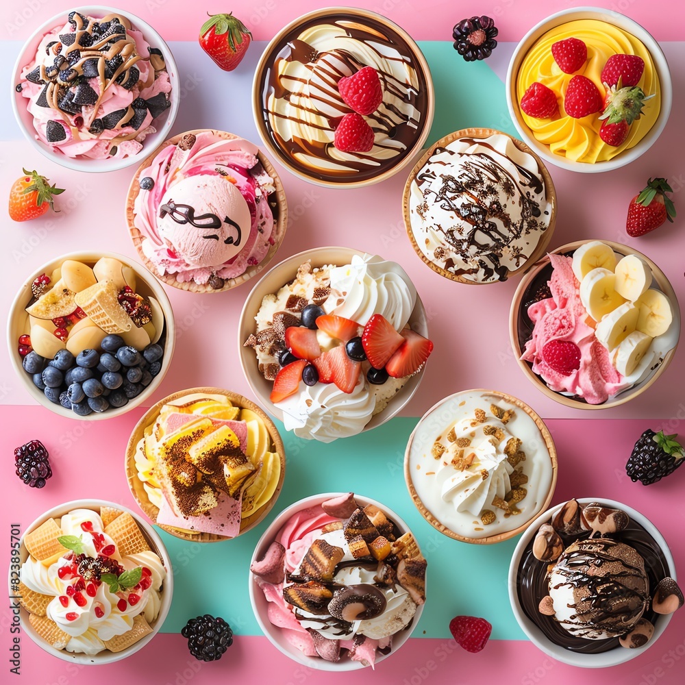 Ice cream sundae bar flat design top view party setup theme water color ...