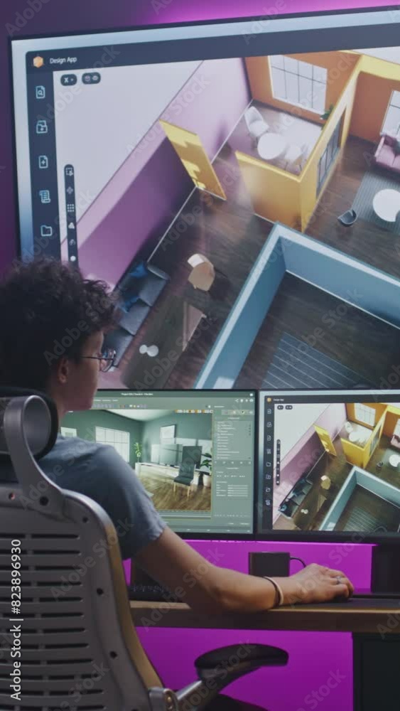 Young 3D designer creates modern house interior, works on design ...
