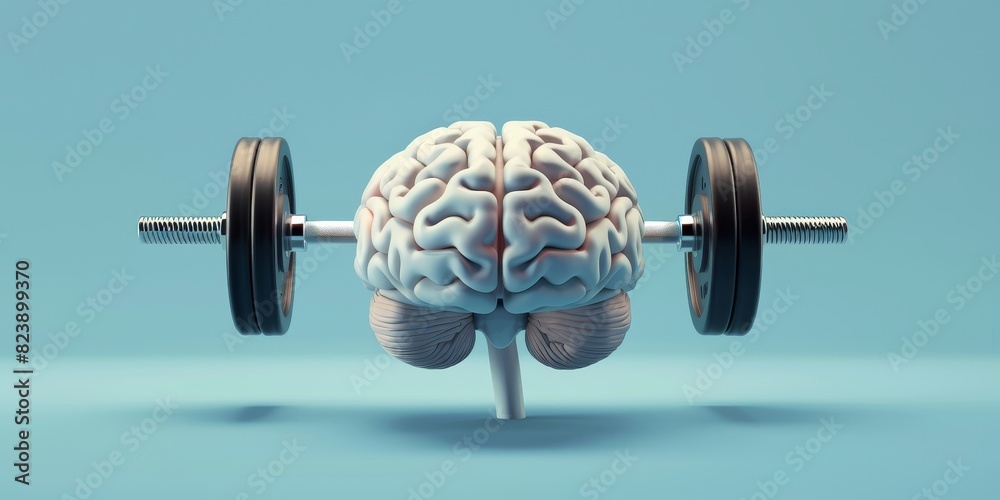 Mind training. Human brain lifting weights. 3D brain lifting a heavy ...