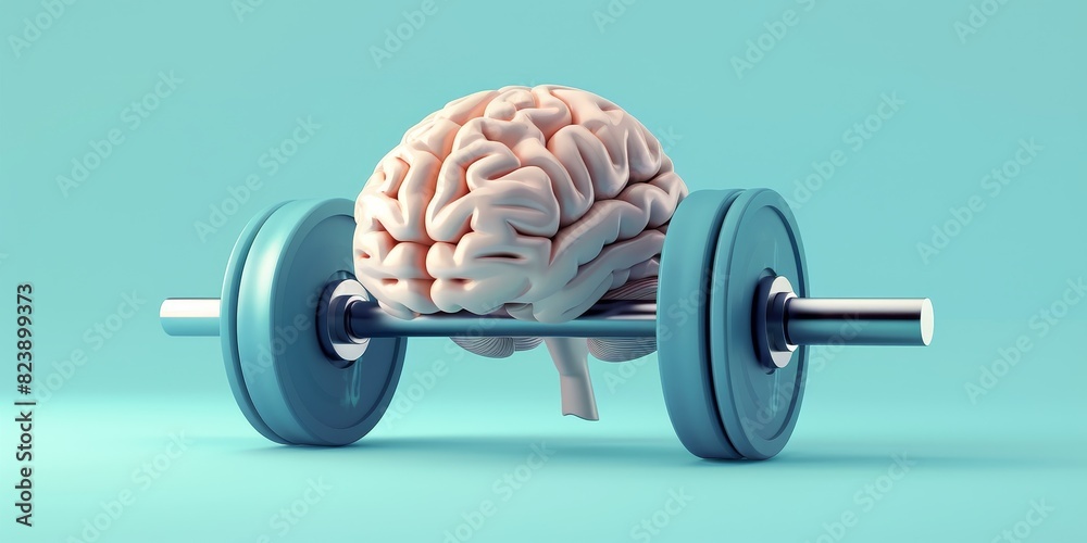 Mind training. Human brain lifting weights. 3D brain lifting a heavy ...