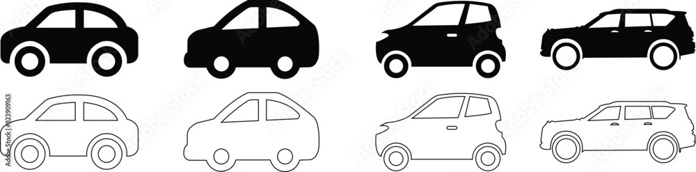 Car icons set. The car from different style vector. Side view black ...