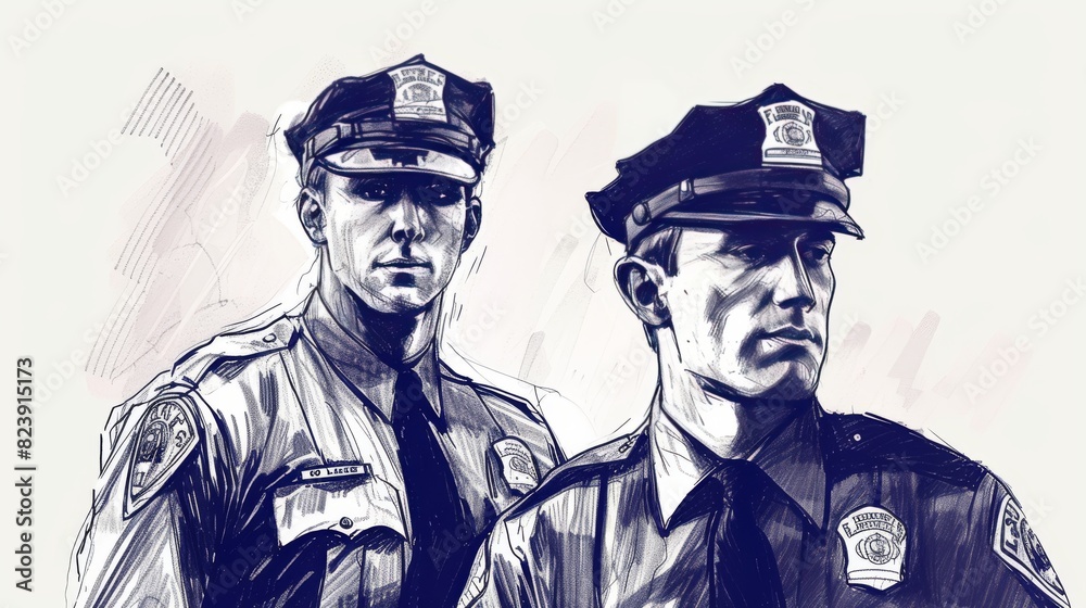 Artistic black and white sketch depicting two focused police officers ...