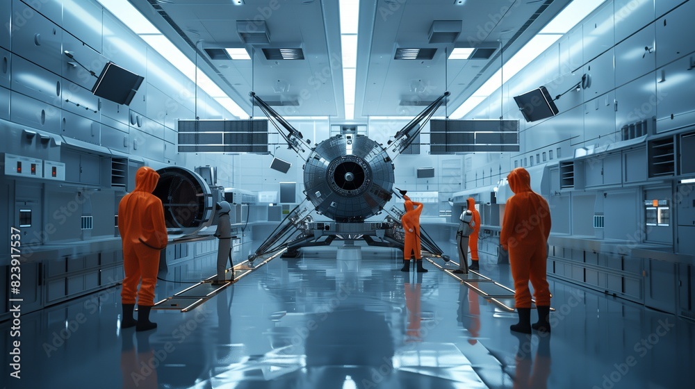 Earth Observation Satellite in Clean Room, Technicians in Orange Suits ...