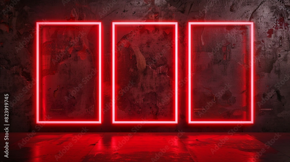 ภาพประกอบสต็อก Three red neon glowing blank picture frames on dark navy ...