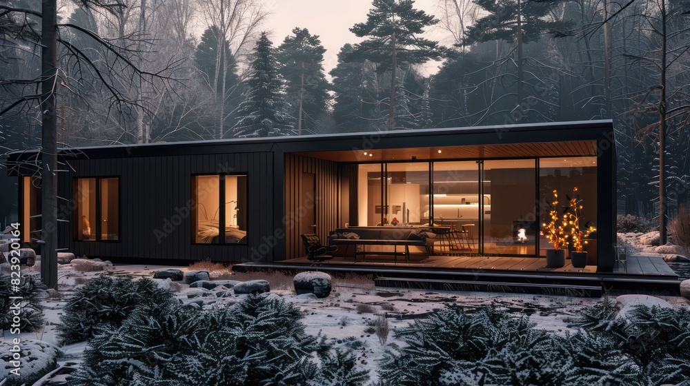 modern residence, winter cold environment, house facade is black metal ...