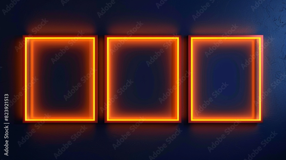 Three orange neon glowing blank picture frames on dark navy background ...