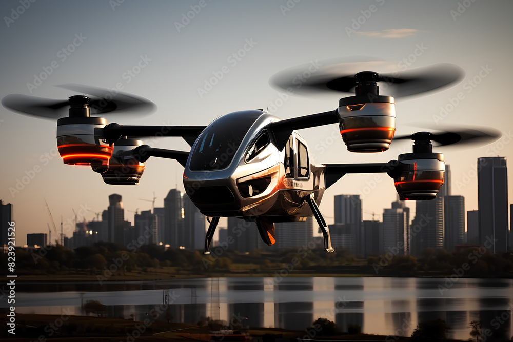 electric evtol take land vertical aircraft landing city futuristic ...