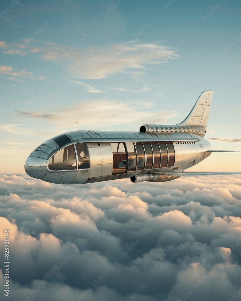 Surreal concept image of an airplane designed like a cozy house ...